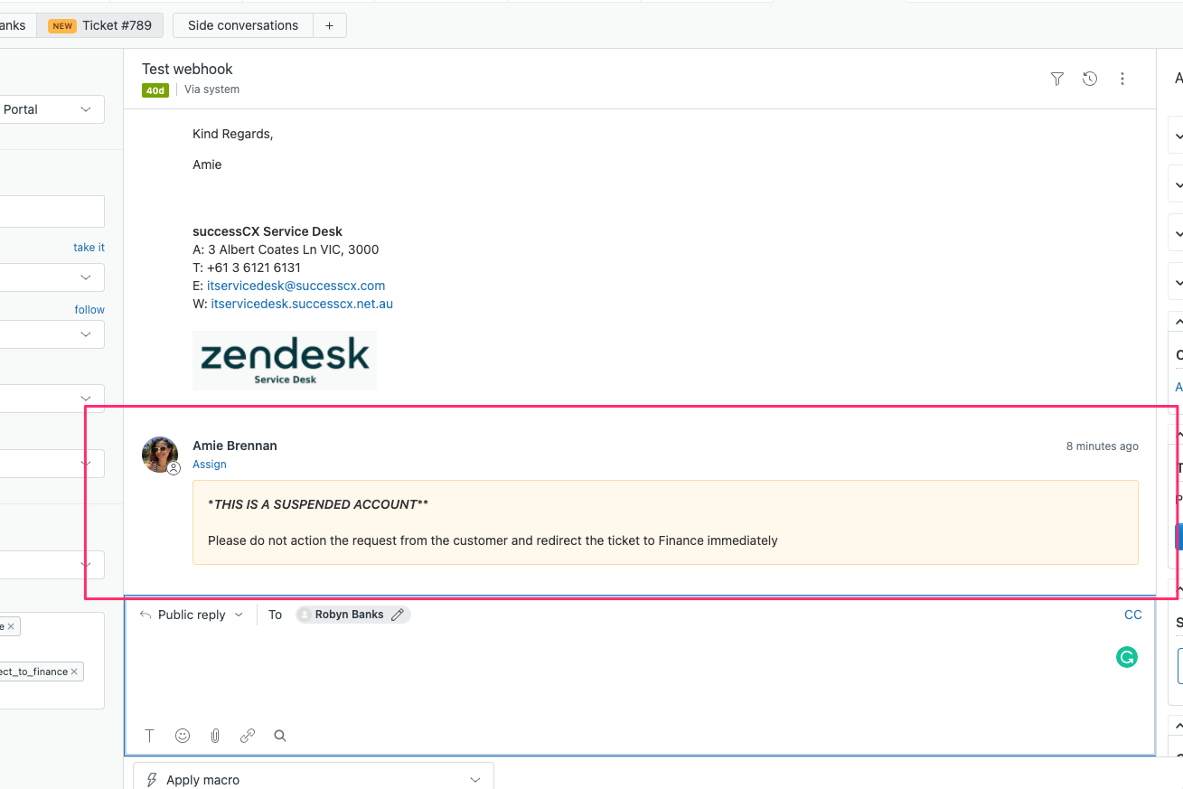 How to add a Zendesk internal note to a ticket via a business rule (Legacy) – SuccessCX